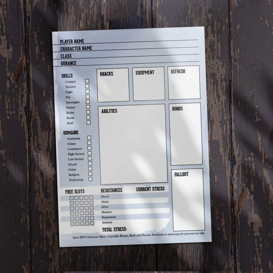 Spire Character Sheet - Rowan, Rook and Decard